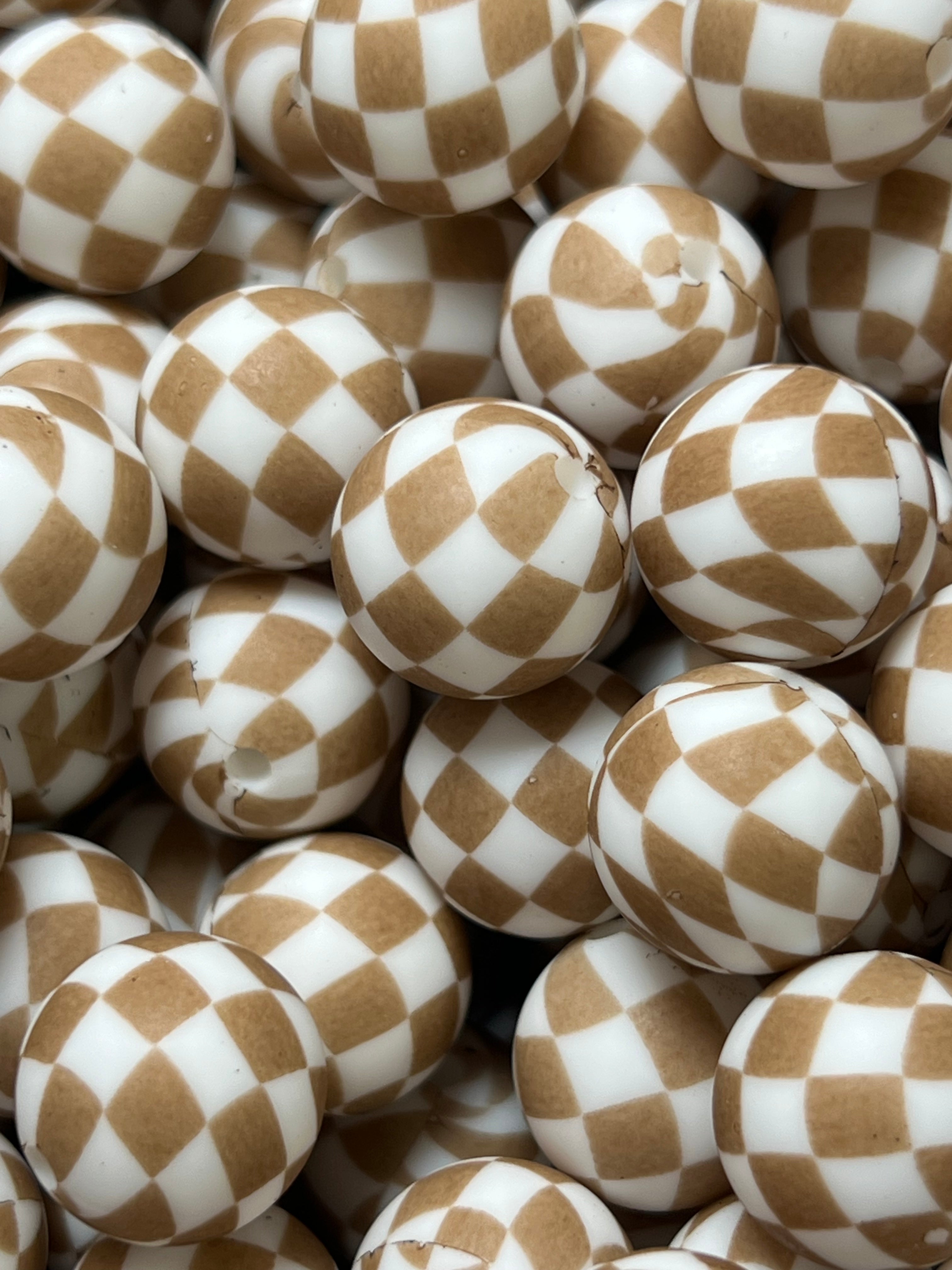 15mm Print Brown Checkered Flag EXCLUSIVE Round Silicone Beads – The ...